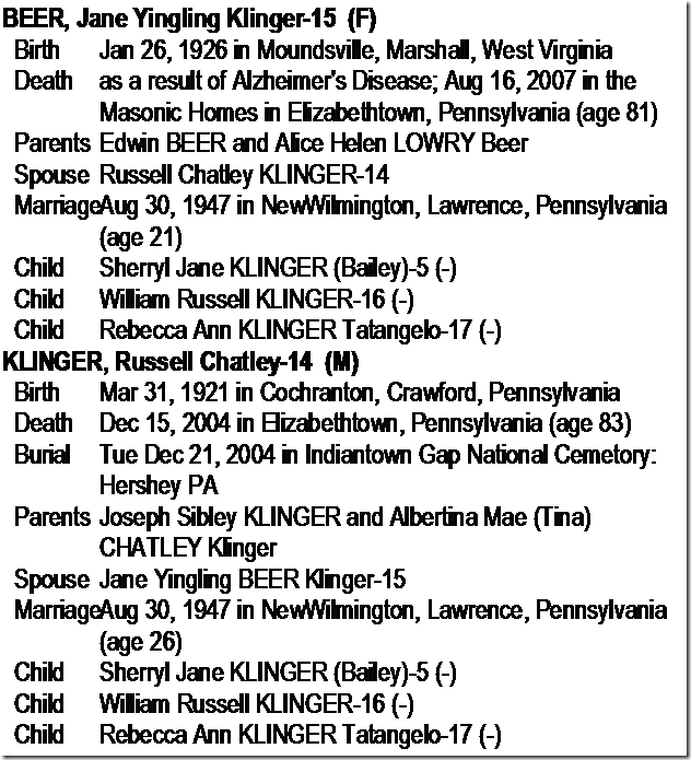 Meredith's Family History: Russell and Jane Klinger Family